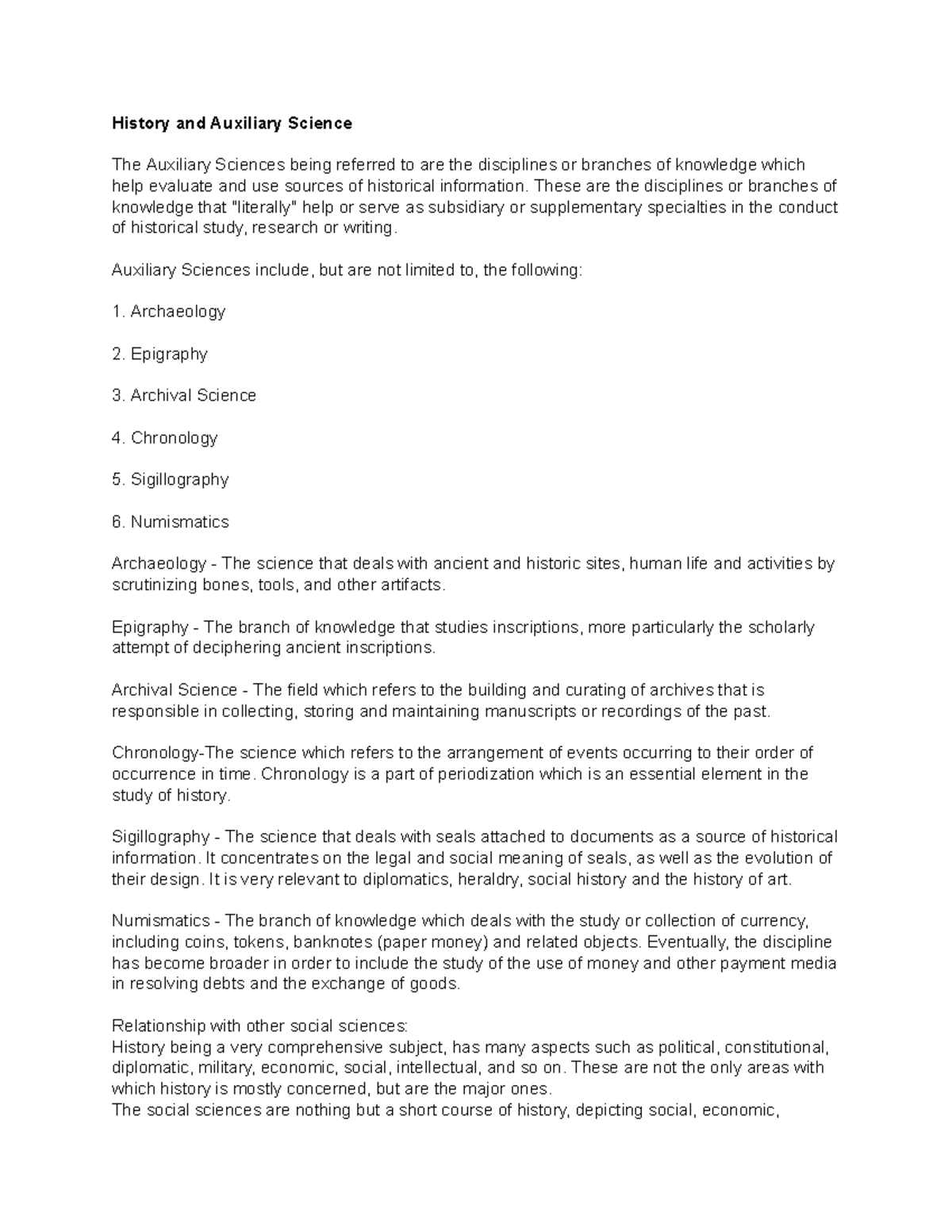 History and Auxiliary Science - These are the disciplines or branches ...
