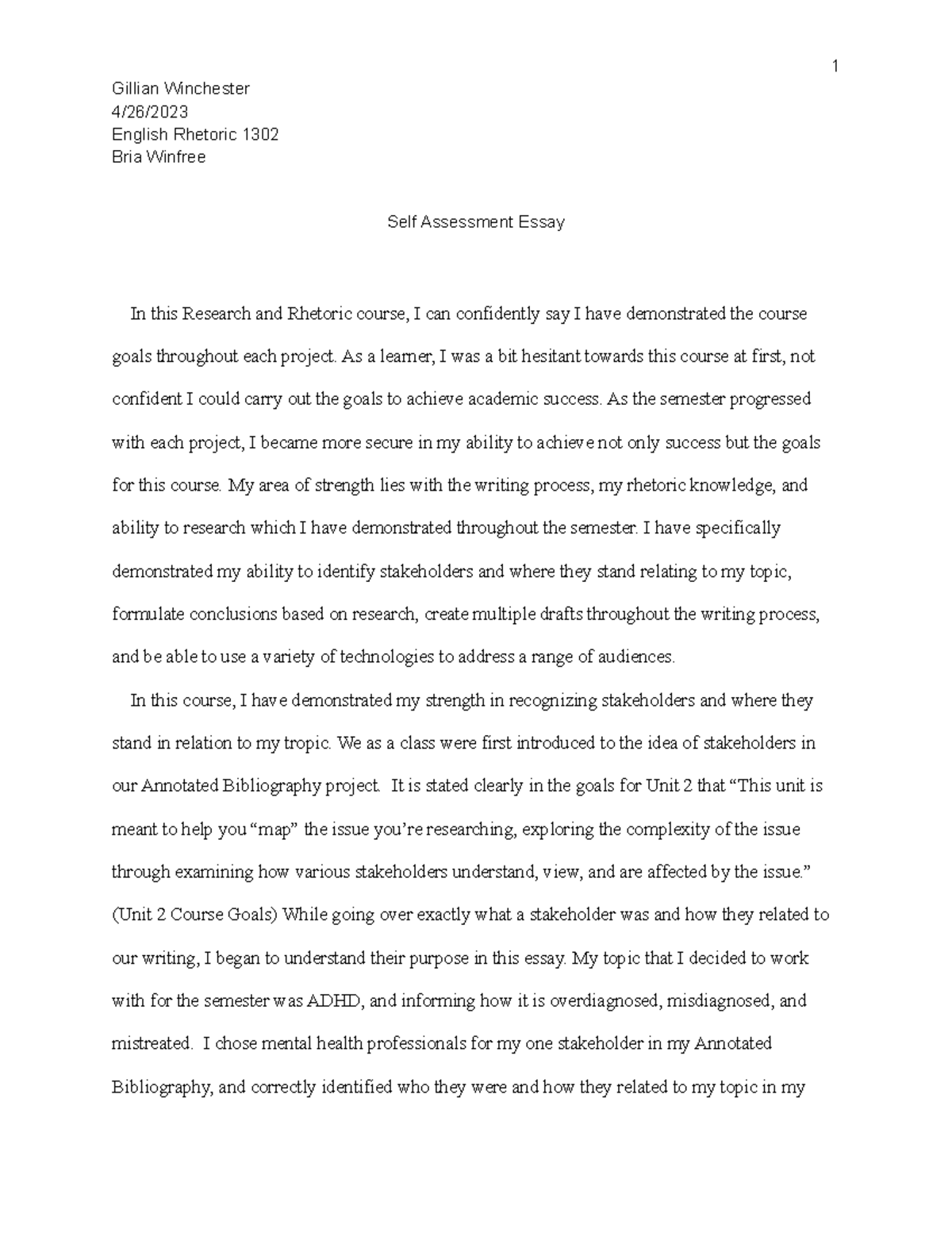 English Rhetoric Final Self Assesment Essay - Gillian Winchester 4/26 ...