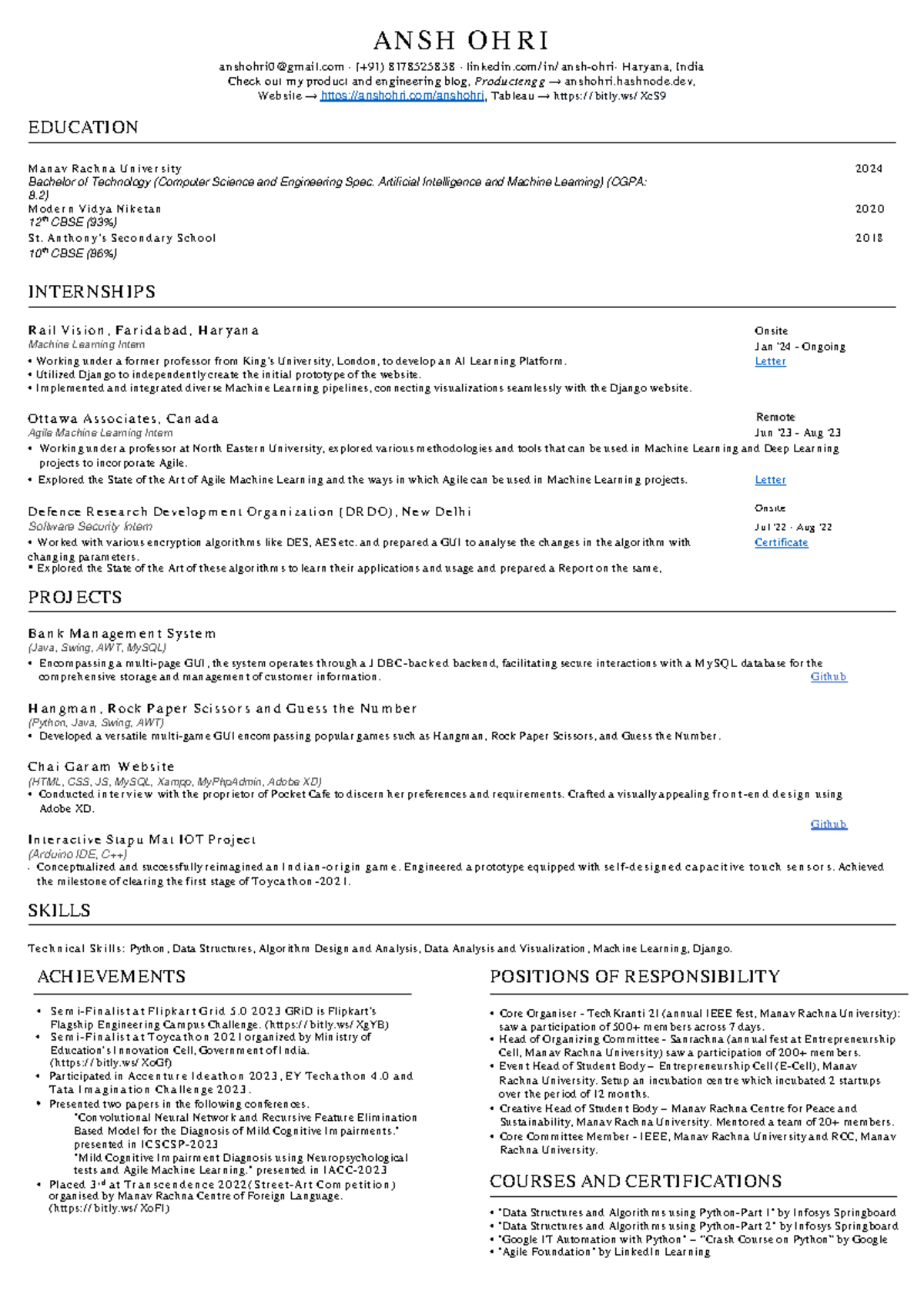 Ansh Resume (SDE) Jan 2024 - ANSH OHRI anshohri0@gmail · (+91) 8178525838 · linkedin/in/ansh ...