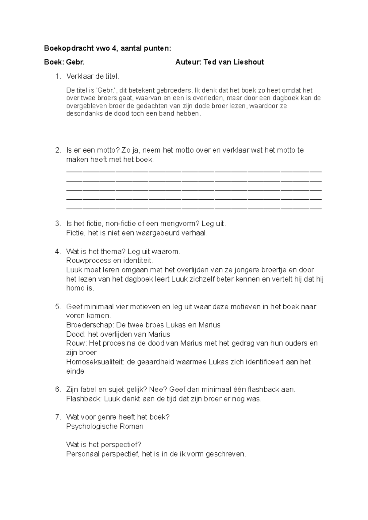 `boekverlsag de gebr - Boekverslga - Boekopdracht vwo 4, aantal punten ...