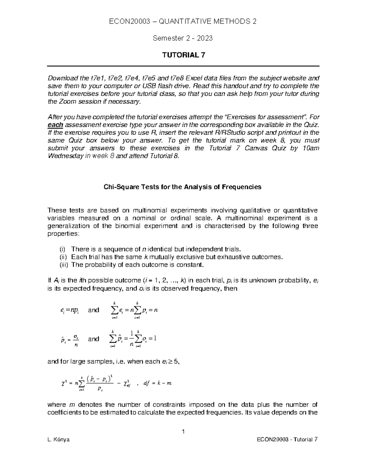 Tutorial 7 - asdfasdf s f - L. Kónya ECON20003 - Tutorial 7 1 ECON20003 – QUANTITATIVE METHODS 2 ...