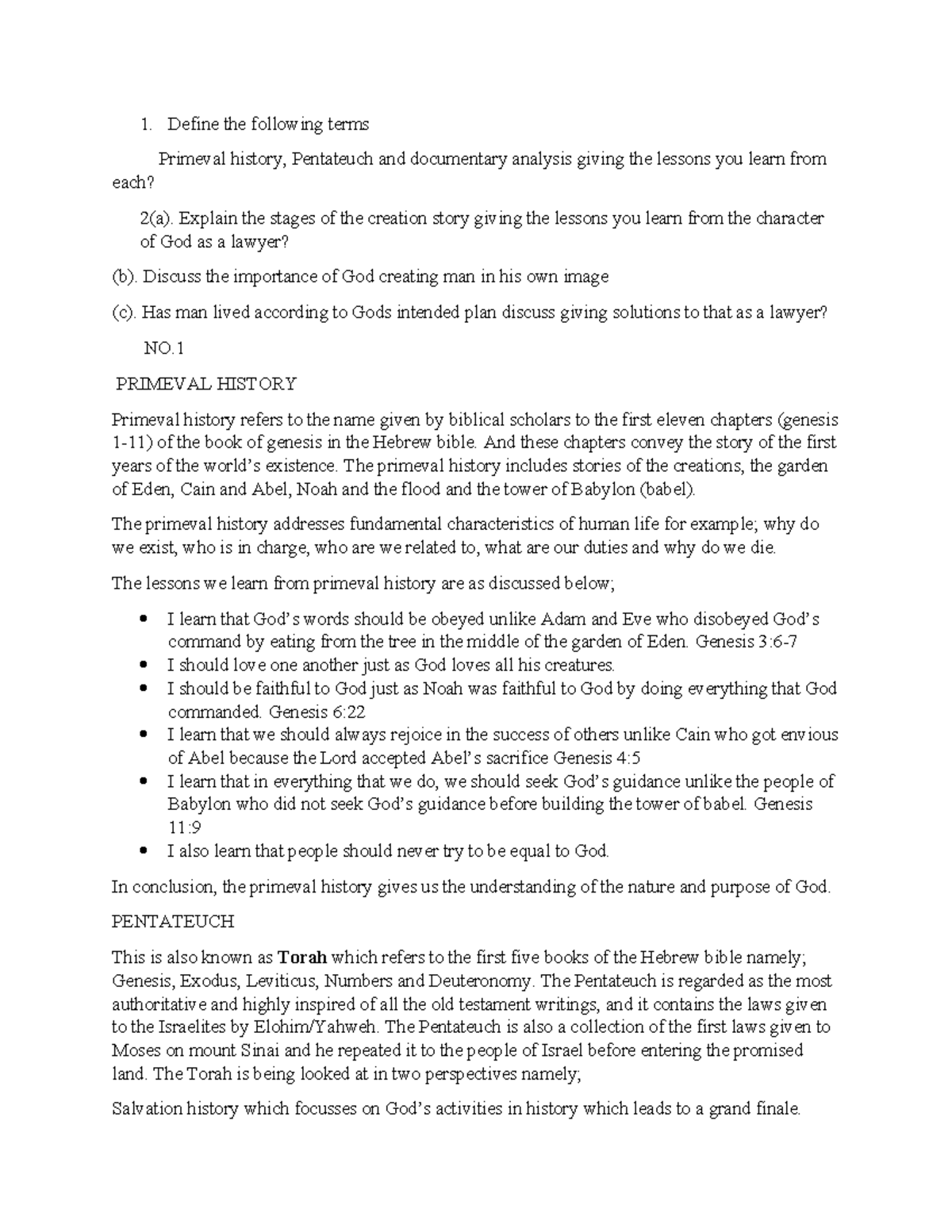 Course Work Biblical law - Define the following terms Primeval history ...