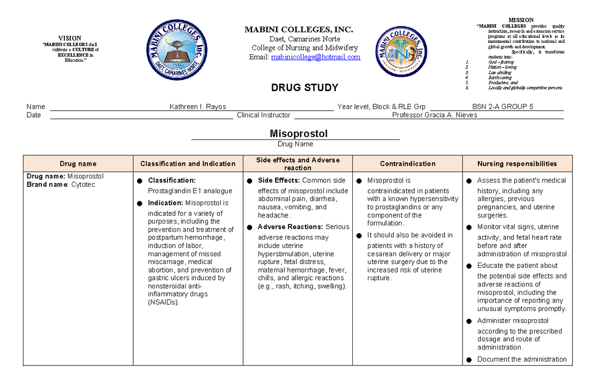 Misoprostol drug study LECTURE NOTES - MISSION “MABINI COLLEGES ...