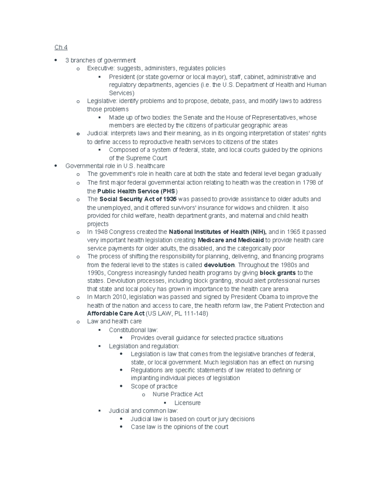Ch 4 and 6 notes - Ch 4 3 branches of government o Executive: suggests ...