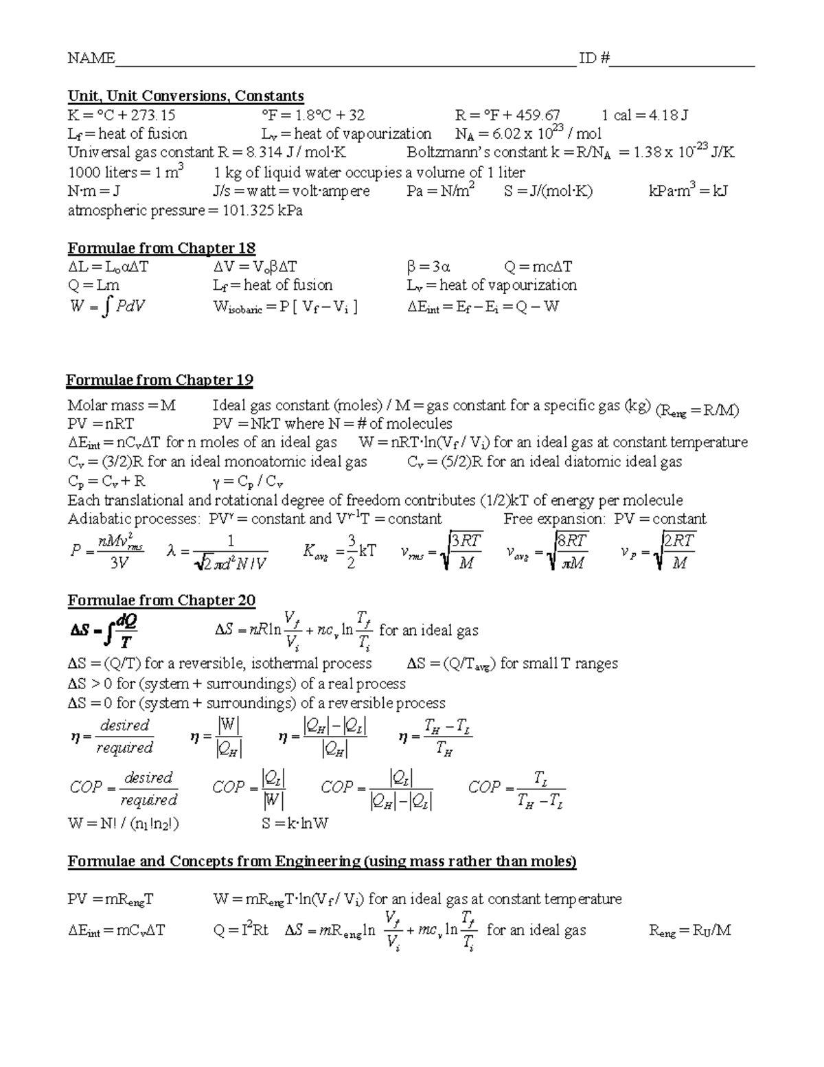 Formula sheet - Notes - NAME ...