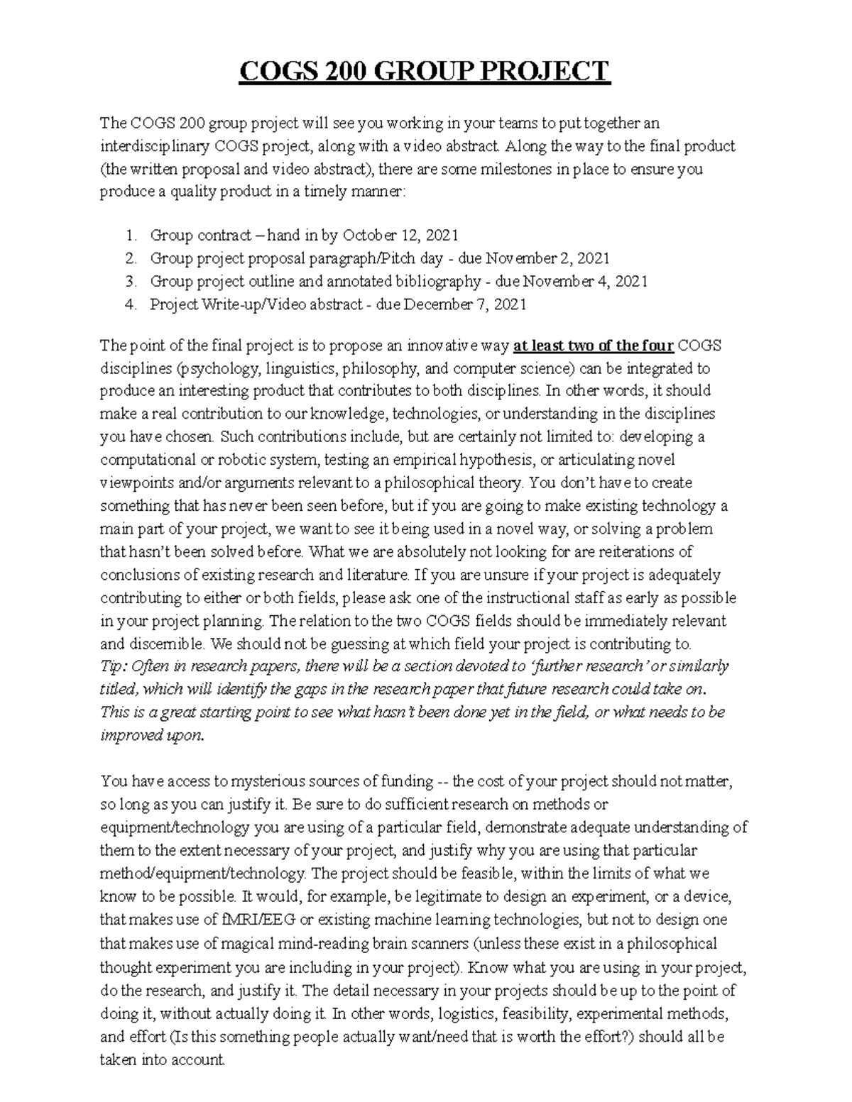 COGS 200 Project Description (FALL 2021) - COGS 200 GROUP PROJECT The COGS 200 group project ...