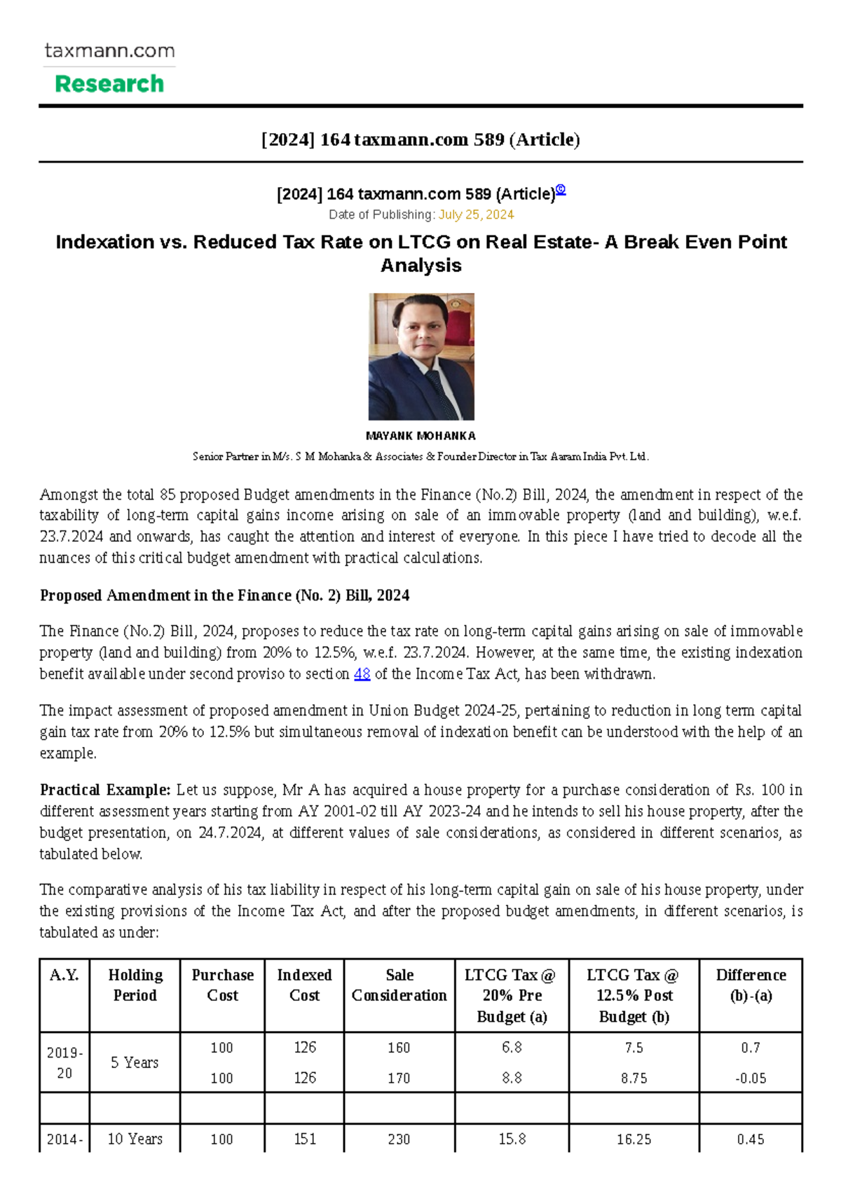 Indexation v Lower LTCG Tax Rate Break Even Point Analysi - [2024] 164 ...