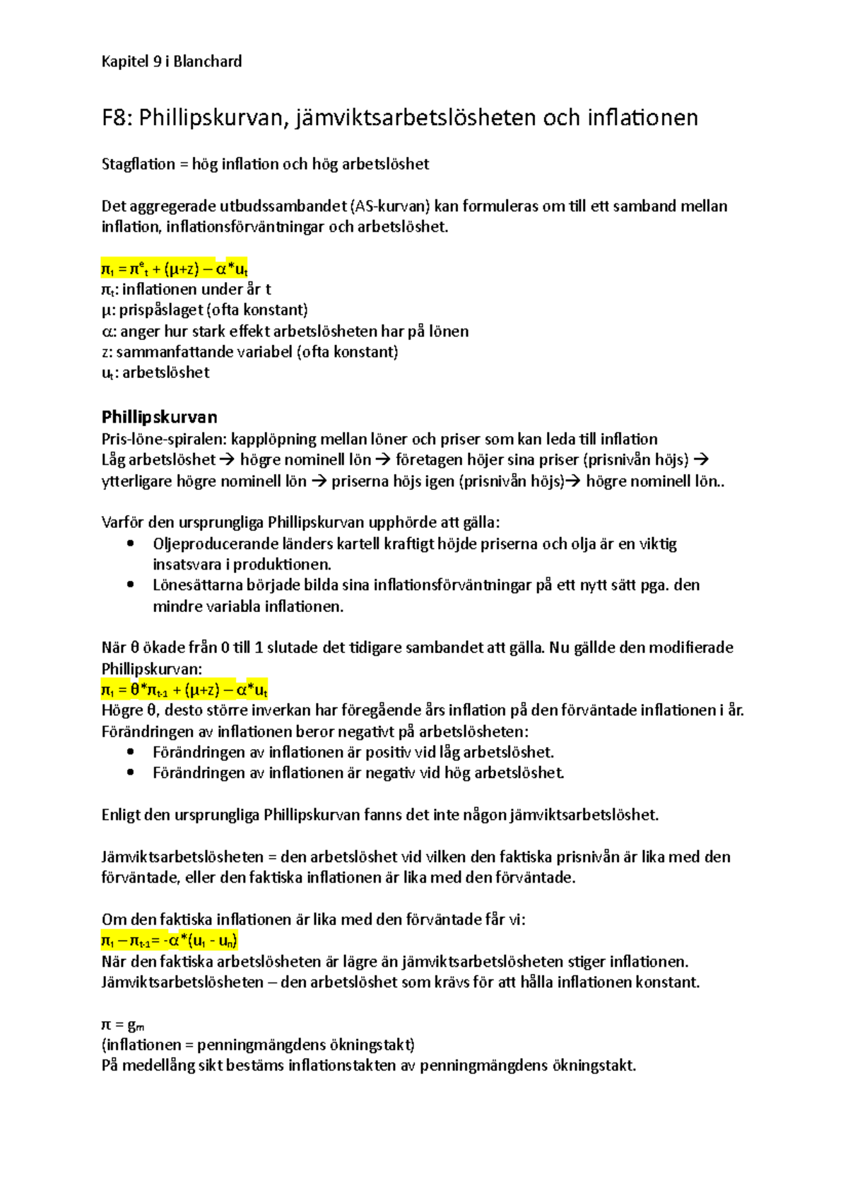 F8 Makroekonomi - Kapitel 9 i Blanchard F8: Phillipskurvan ...
