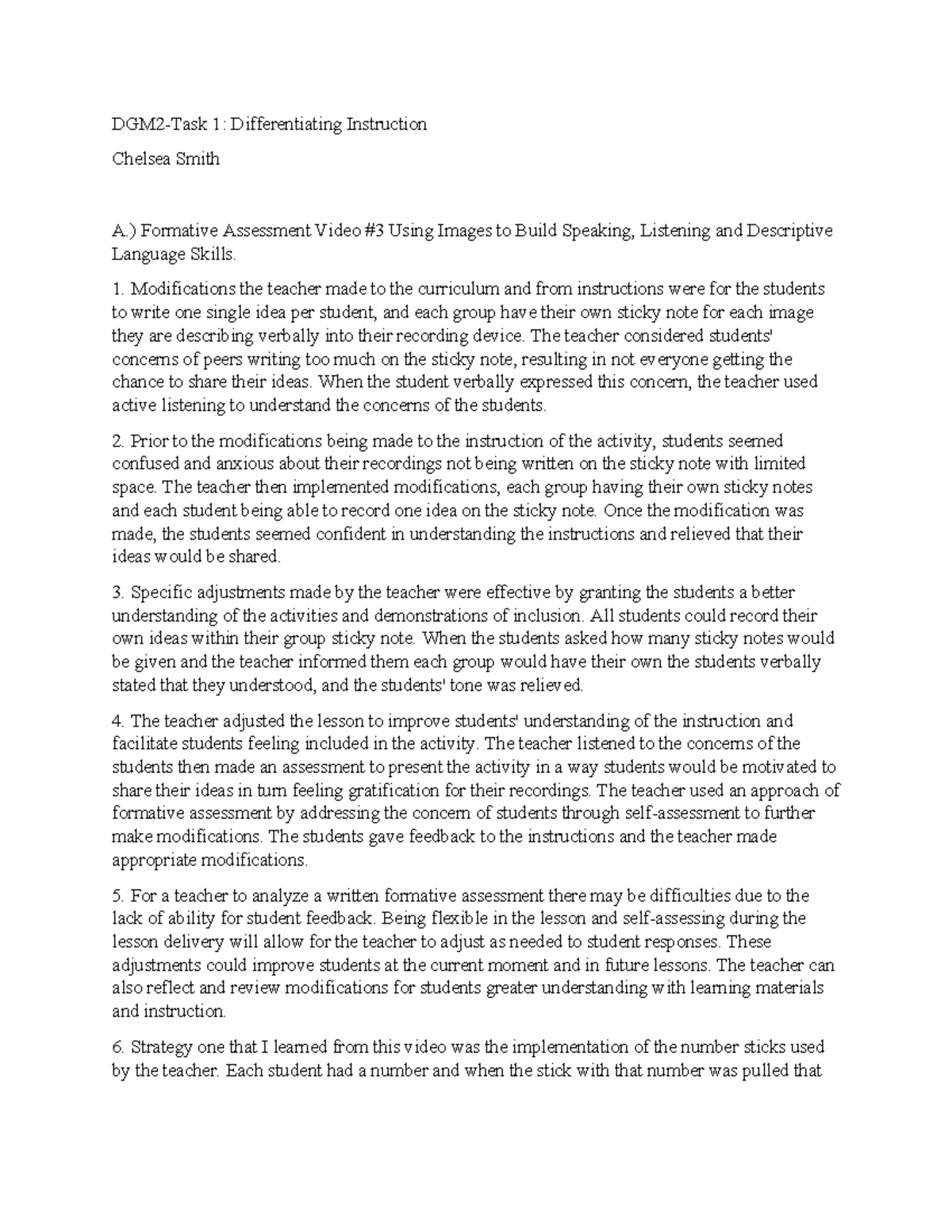 Task 1 - Examples for tasks - DGM2-Task 1: Differentiating Instruction Chelsea Smith A ...