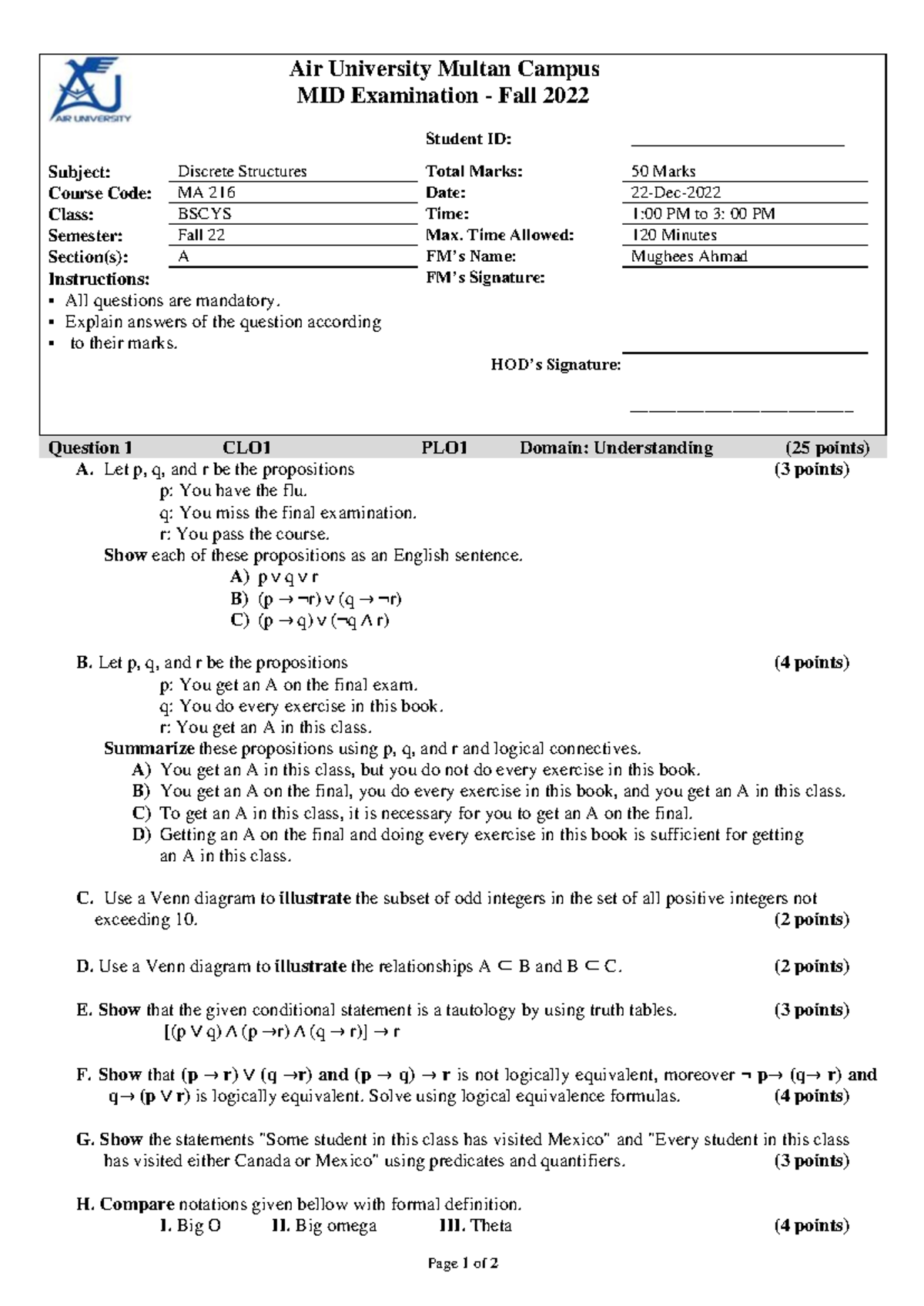 F22 DM MID Paper - CYS upp - ####### Page 1 of 2 Air University Multan ...