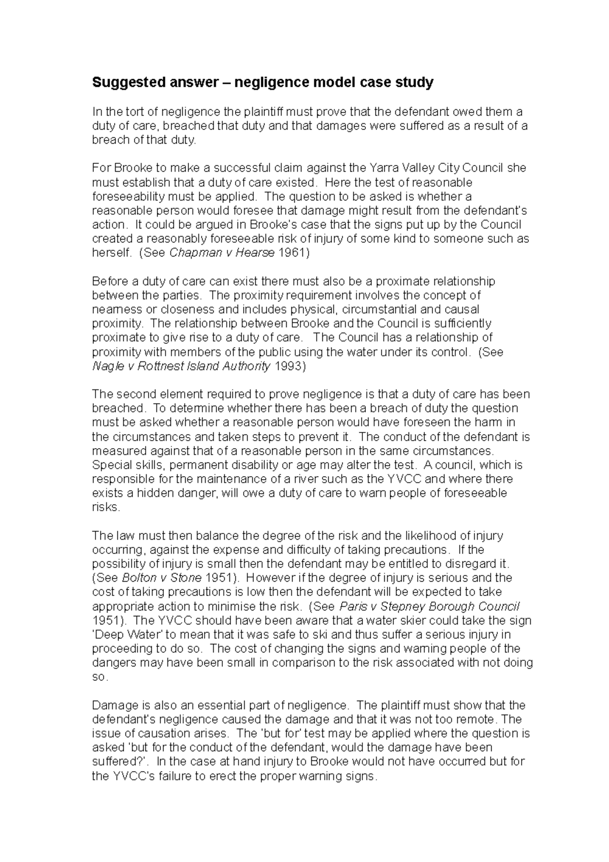 Negligence answer - Suggested answer – negligence model case study In ...