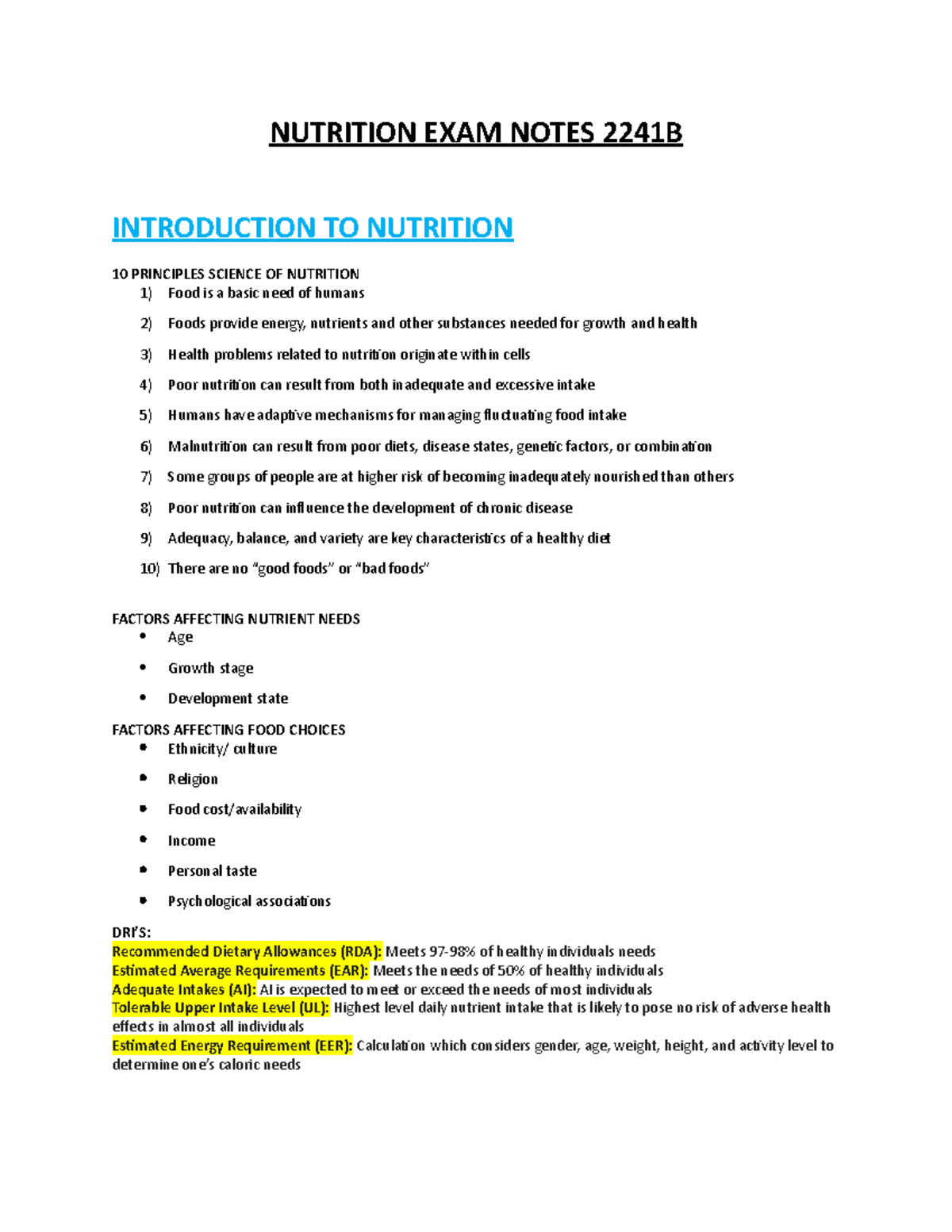 Nutrition Exam Notes - NUTRITION EXAM NOTES 2241B INTRODUCTION TO ...