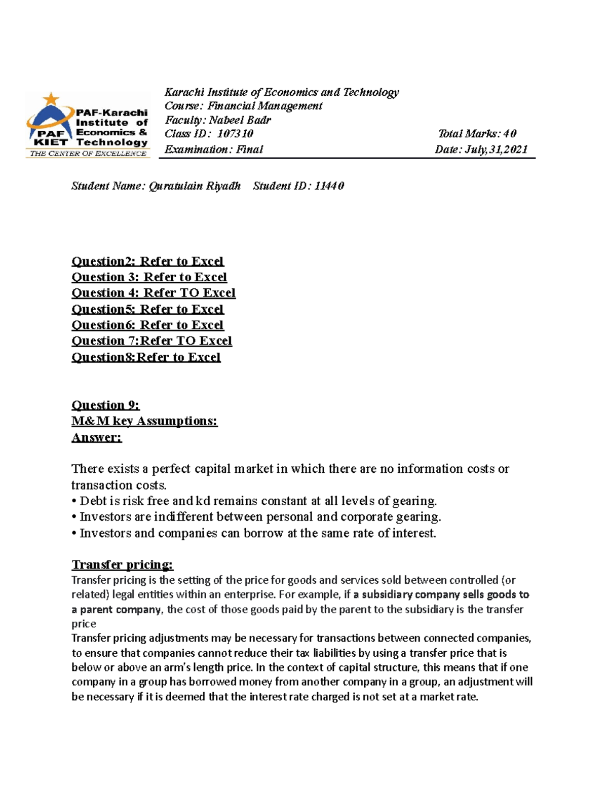 QR Financial mage met - Student Name: Quratulain Riyadh Student ID ...