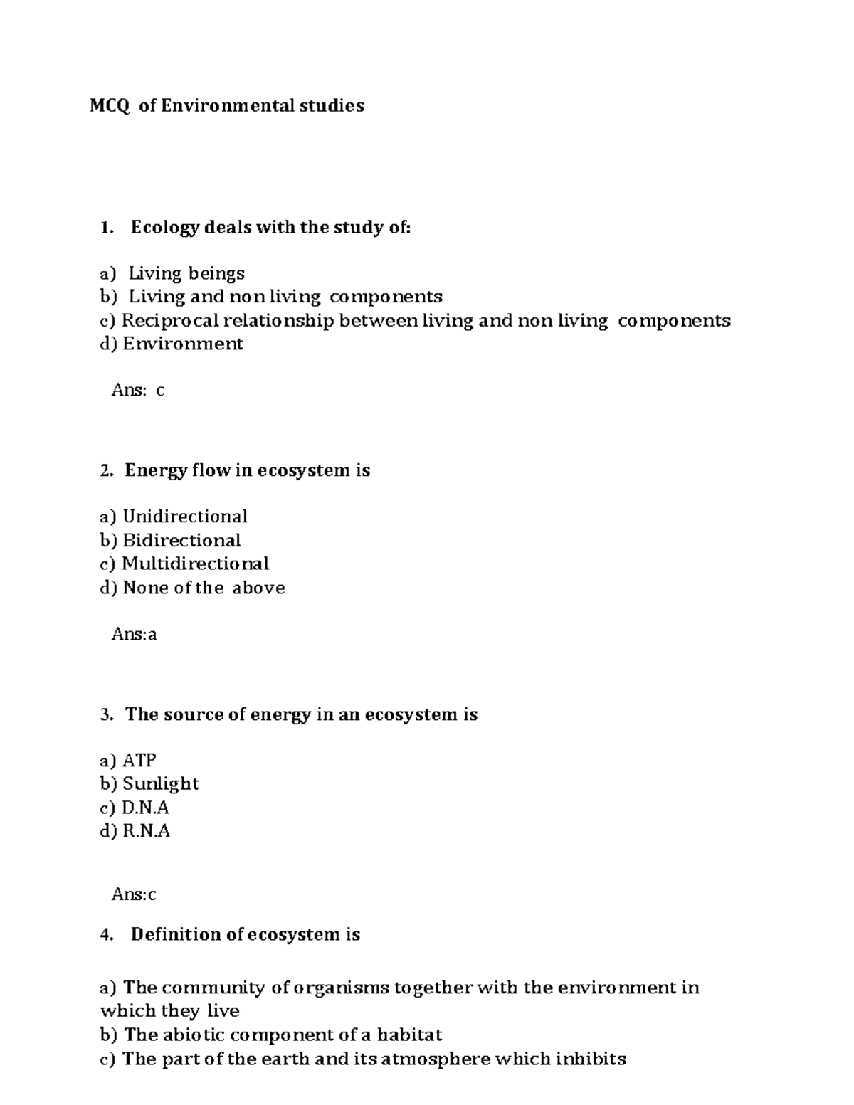 MCQ OF EVS - CHE 110 - MCQ of Environmental studies 1. Ecology deals ...