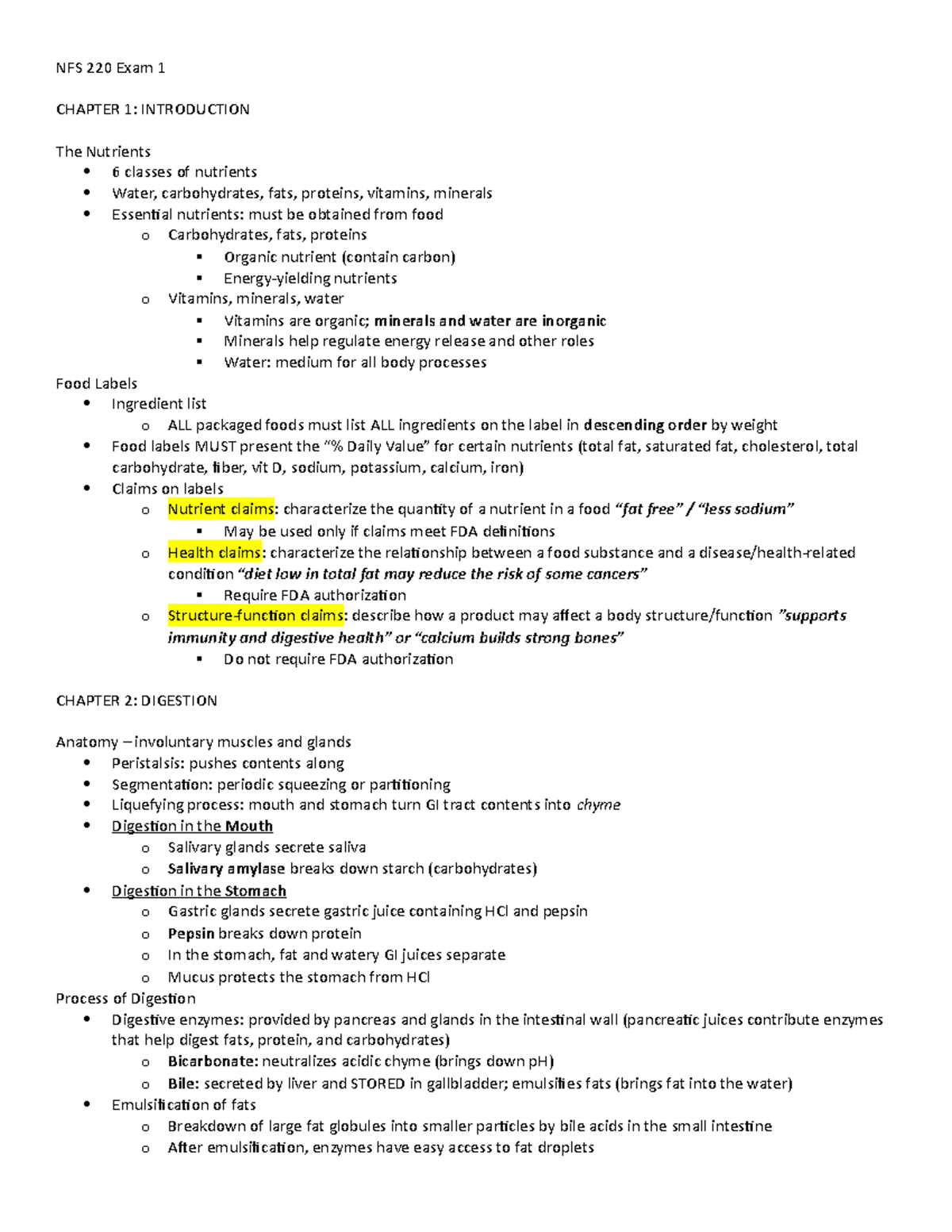 NFS 220 Exam 1 Study Guide - NFS 220 Exam 1 CHAPTER 1: INTRODUCTION The ...