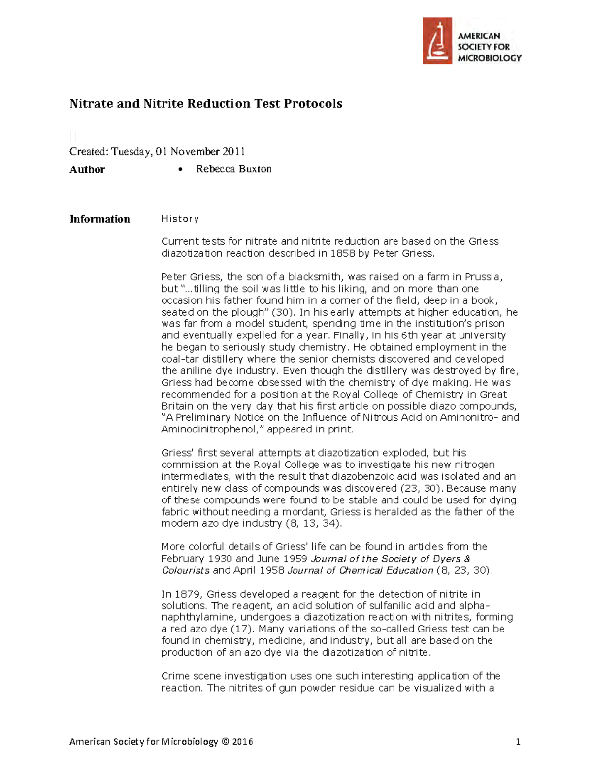 Nitrate and Nitrite Reduction Test Protocols - Peter Griess, the son of ...