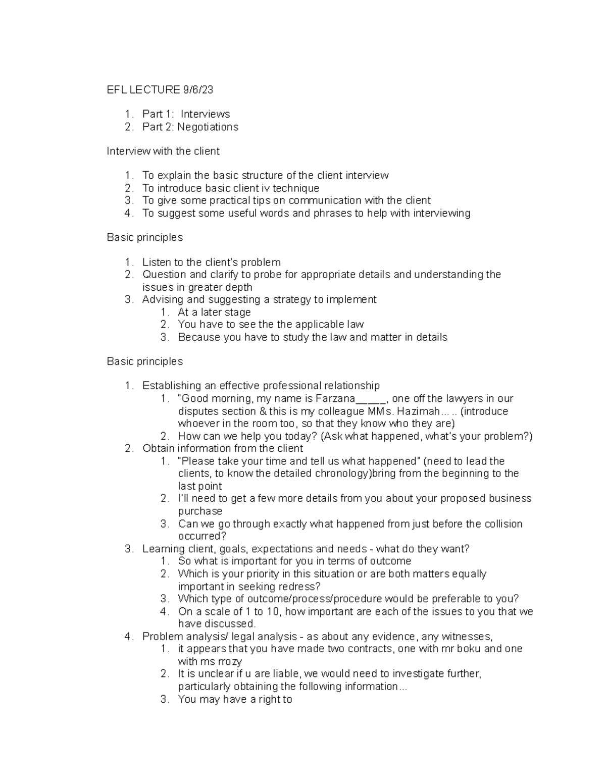 Efl lecture - EFL LECTURE 9/6/ Part 1: Interviews Part 2: Negotiations ...