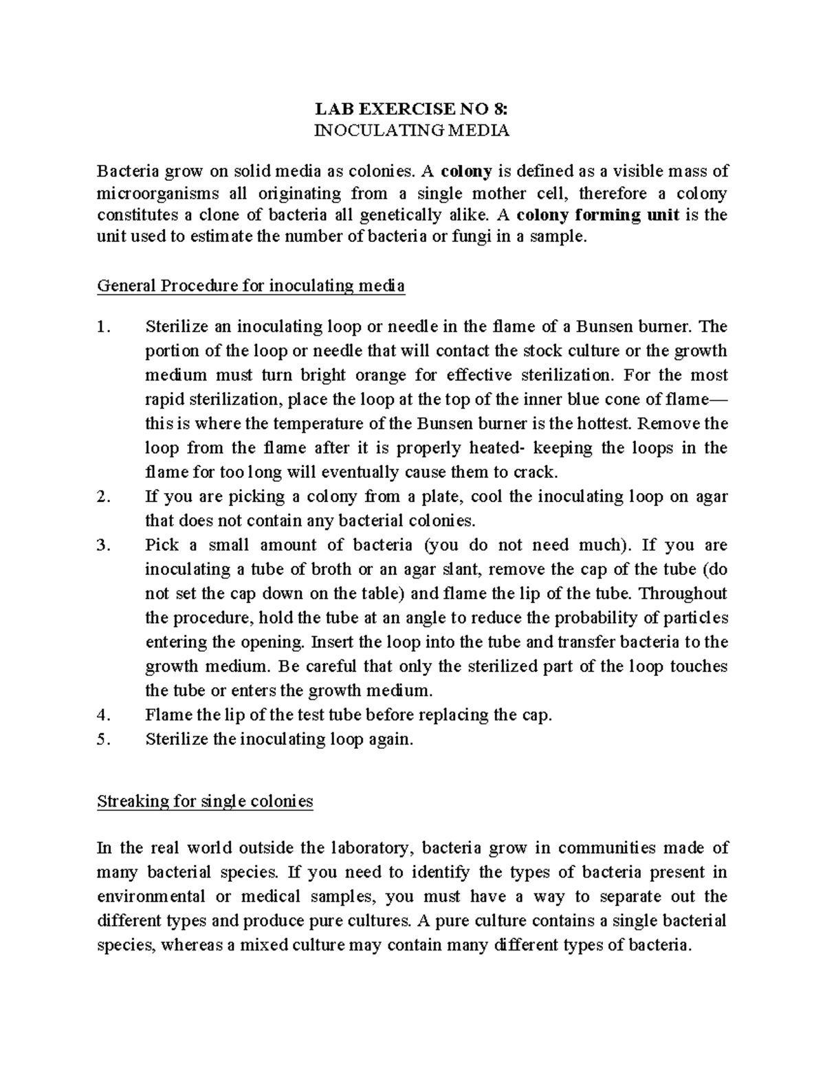 LAB-EX-8 merged - notes - LAB EXERCISE NO 8: INOCULATING MEDIA Bacteria ...