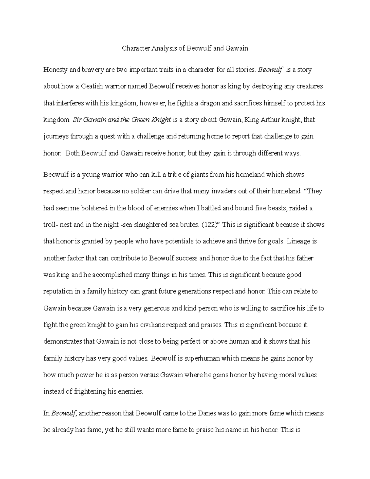 Final Paper for ENG 231 - Character Analysis of Beowulf and Gawain ...