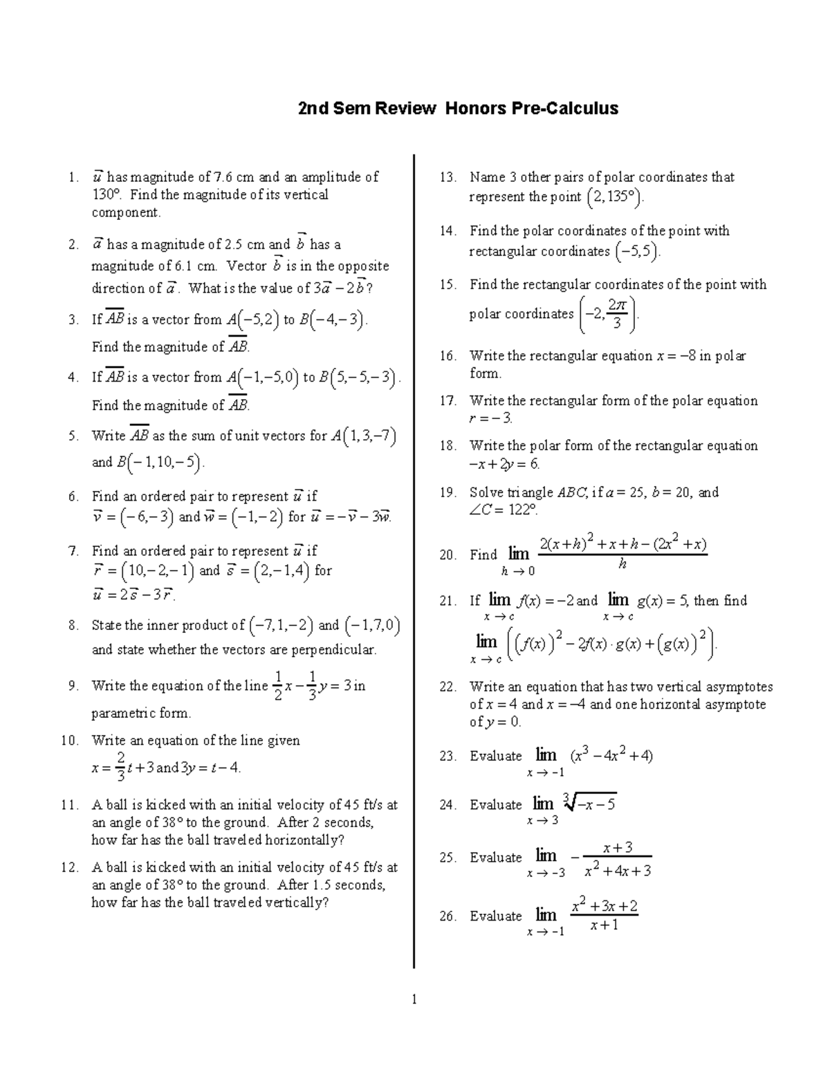 2nd Sem Exam Review - 2nd Sem Review Honors Pre-Calculus u has ...