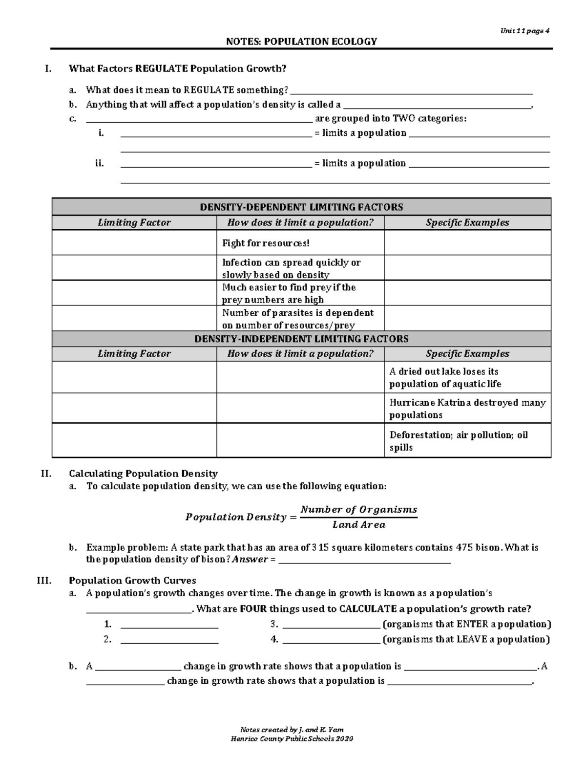 Bio Unit 11 - Population Ecology Notes 2020 SC - NOTES: POPULATION ...