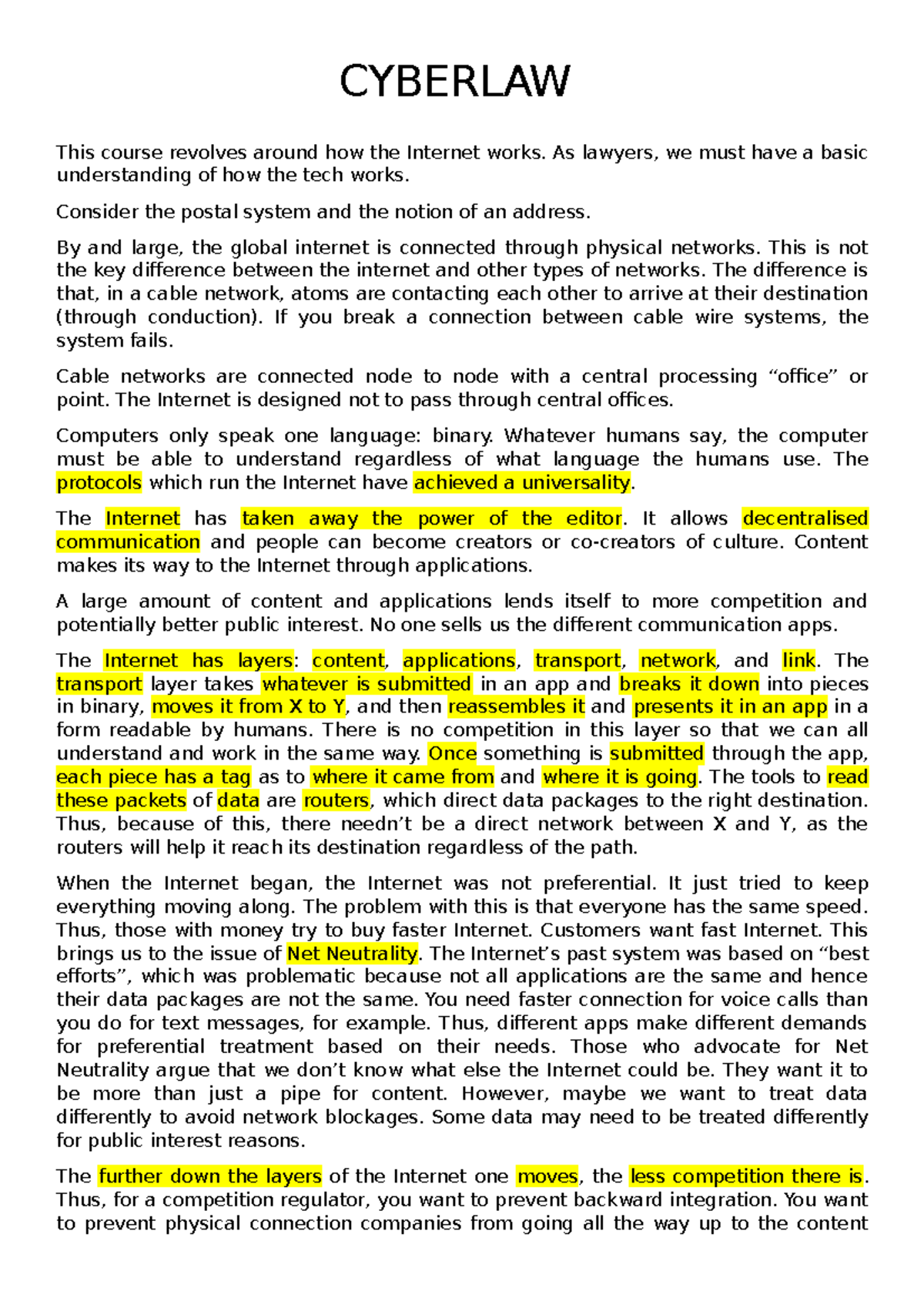 Cyberlaw Class Notes - CYBERLAW This course revolves around how the ...