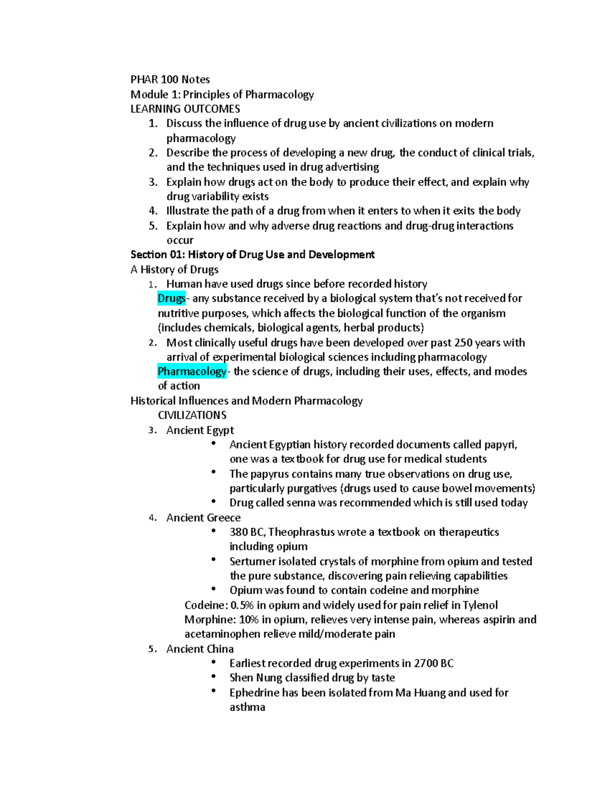 PHAR 100 Notes 1 - PHAR 100 Notes Module 1: Principles of Pharmacology ...