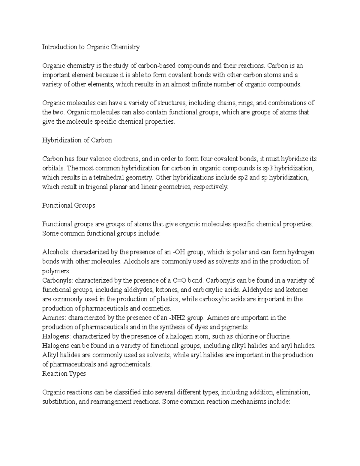 Orgo Notes 1 - Introduction to Organic Chemistry Organic chemistry is ...