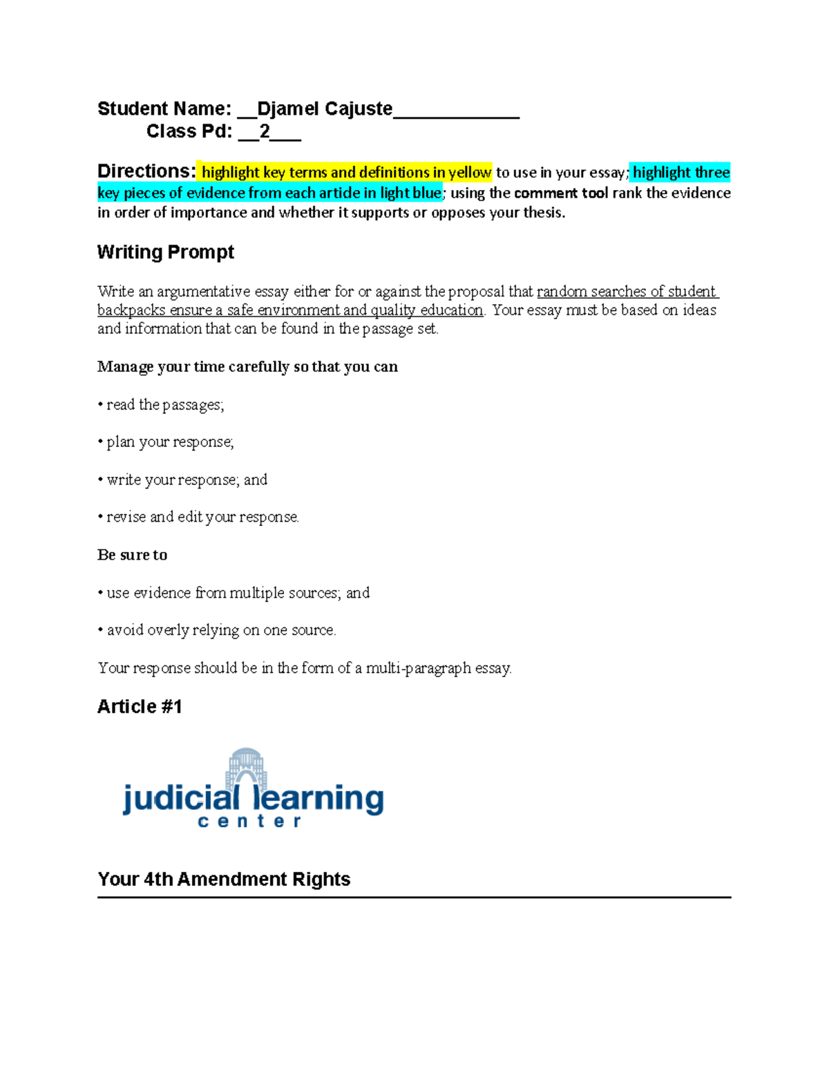 Copy of 4th Amendment Writing Prompt And Articles - Student Name ...