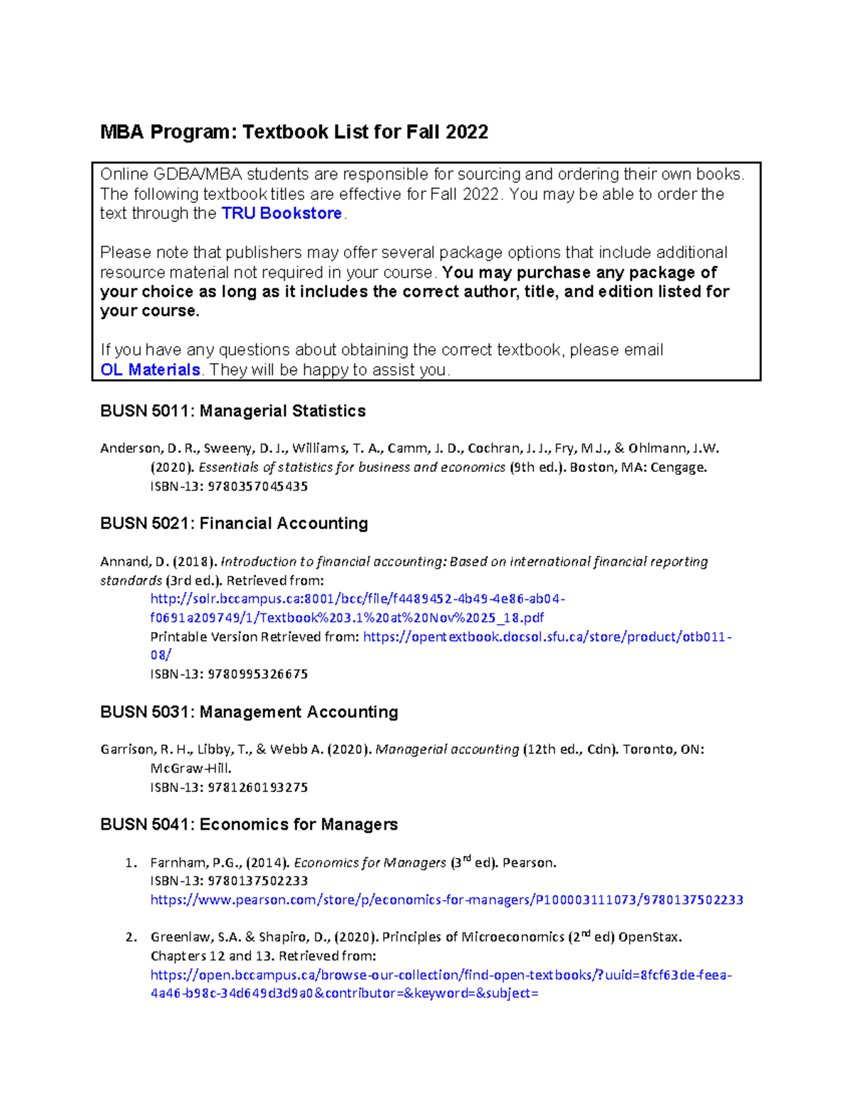 MBA Textbook List - List of book - MBA Program: Textbook List for Fall ...