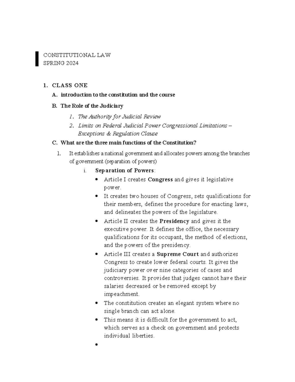 Con Law Spring Outline - CONSTITUTIONAL LAW SPRING 2024 1. CLASS ONE A ...