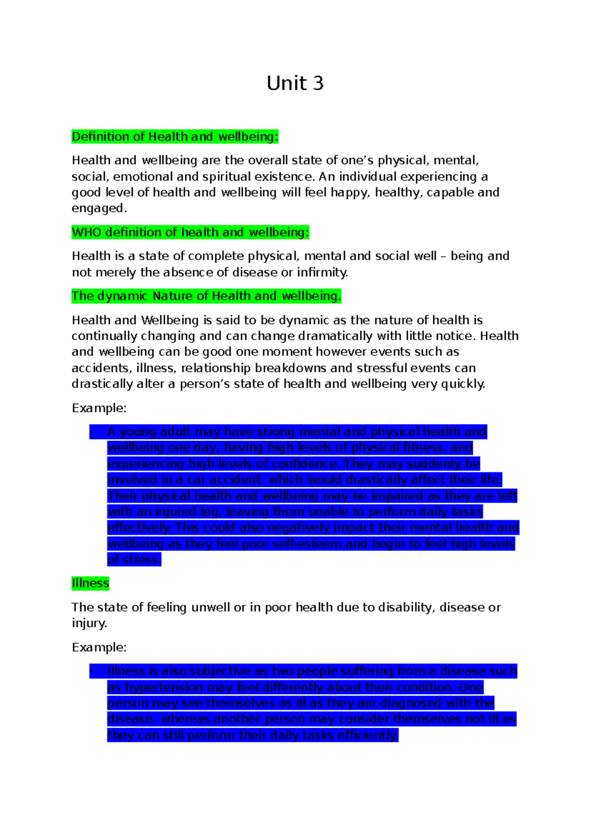 HHD Exam Revision Notes - Unit 3 Definition of Health and wellbeing ...