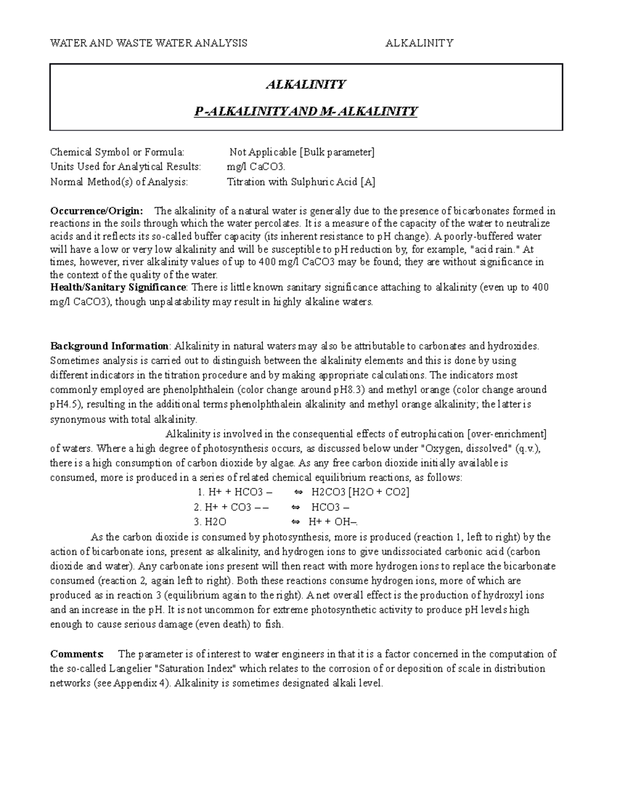 Alkalinity - ALKALINITY P -ALKALINITY AND M- ALKALINITY Chemical Symbol ...