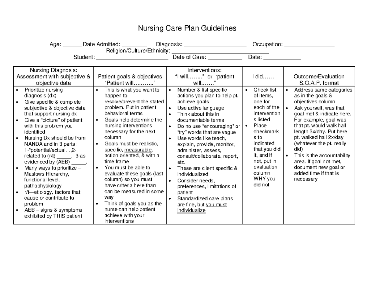Care Plan Guide - Summary introduction to nursing - Nursing Care Plan ...