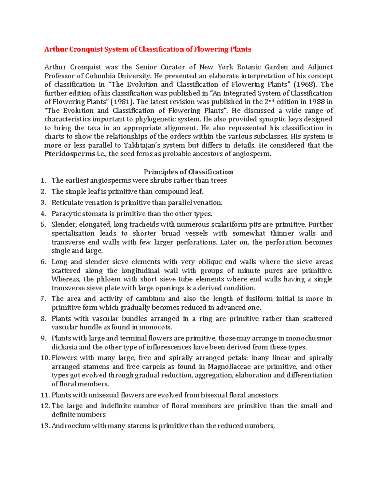 Arthur Cronquist System of Classification of Flowering Plants - He ...