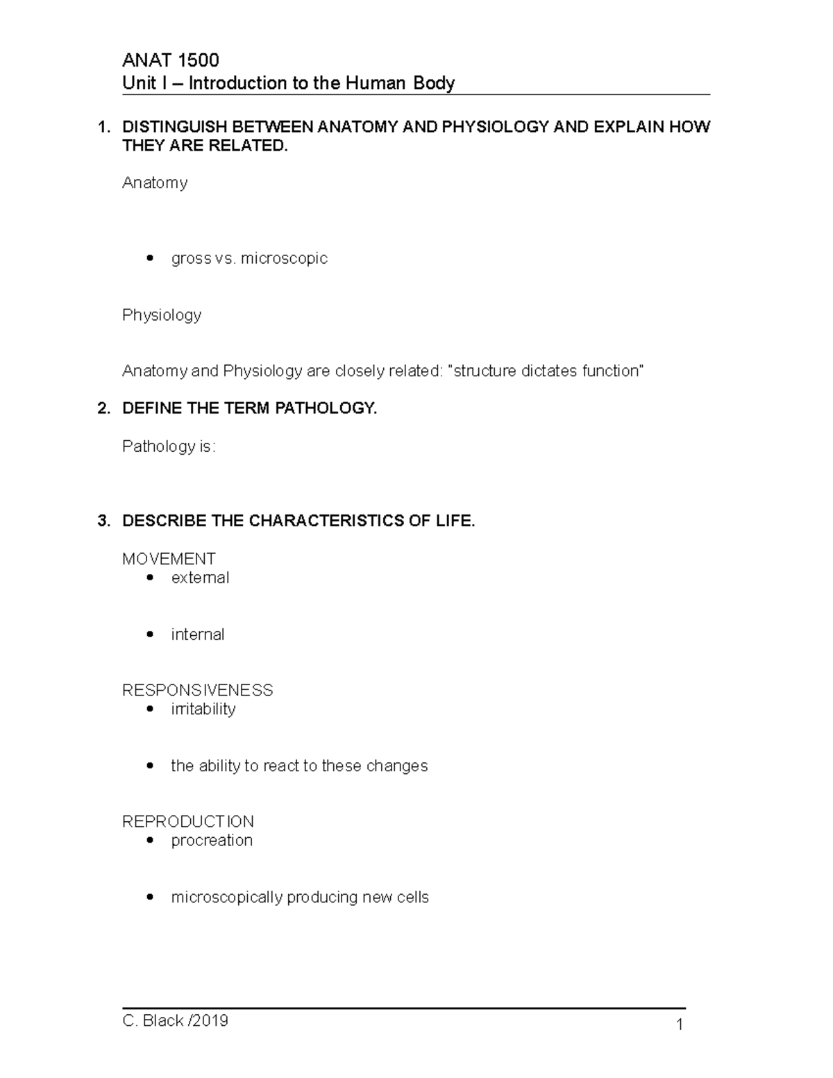 Unit 1 - Introduction to Anatomy and Physiology - Unit I – Introduction ...