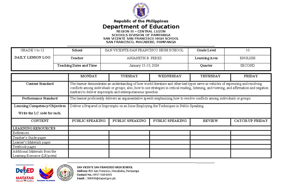 DLL English 10 Q2 W8 - lesson plan - SAN VICENTE SAN FRANCISCO HIGH ...