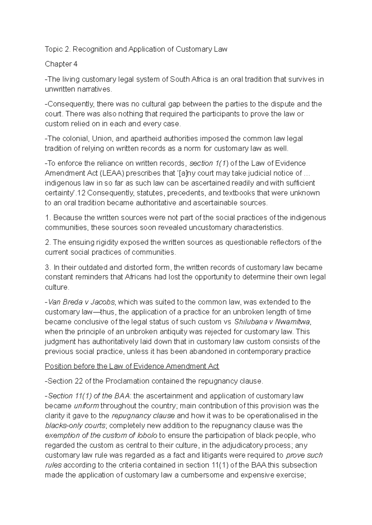 Topic 2 customary law notes - Topic 2. Recognition and Application of ...