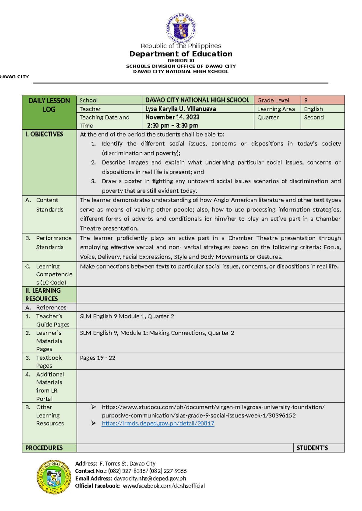 Daily Lesson LOG Teaching DEMO - Department of Education REGION XI ...