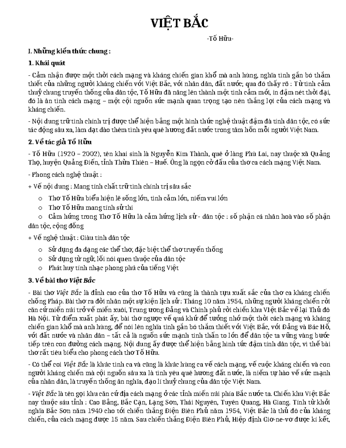 VIỆT BẮC - VB TLTK - VI ỆT B ẮC -T ố H ữu- I. Nh ững ki ến th ức chung : Khái quát C m nh n đả ậ ...
