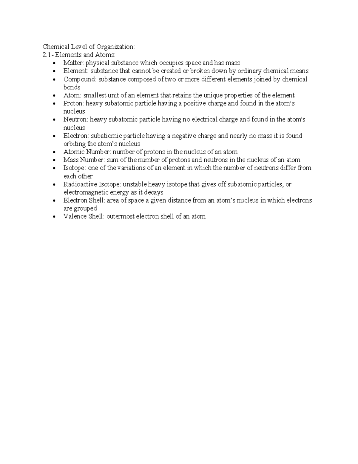 2 - Textbook Notes - Chemical Level of Organization: 2- Elements and ...
