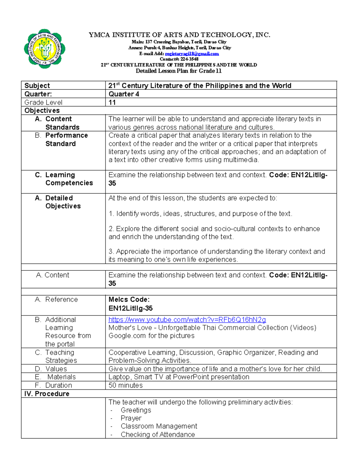 DLP Grade 11 Chuusei - YMCA INSTITUTE OF ARTS AND TECHNOLOGY, INC. Main: 137 Crossing Bayabas ...