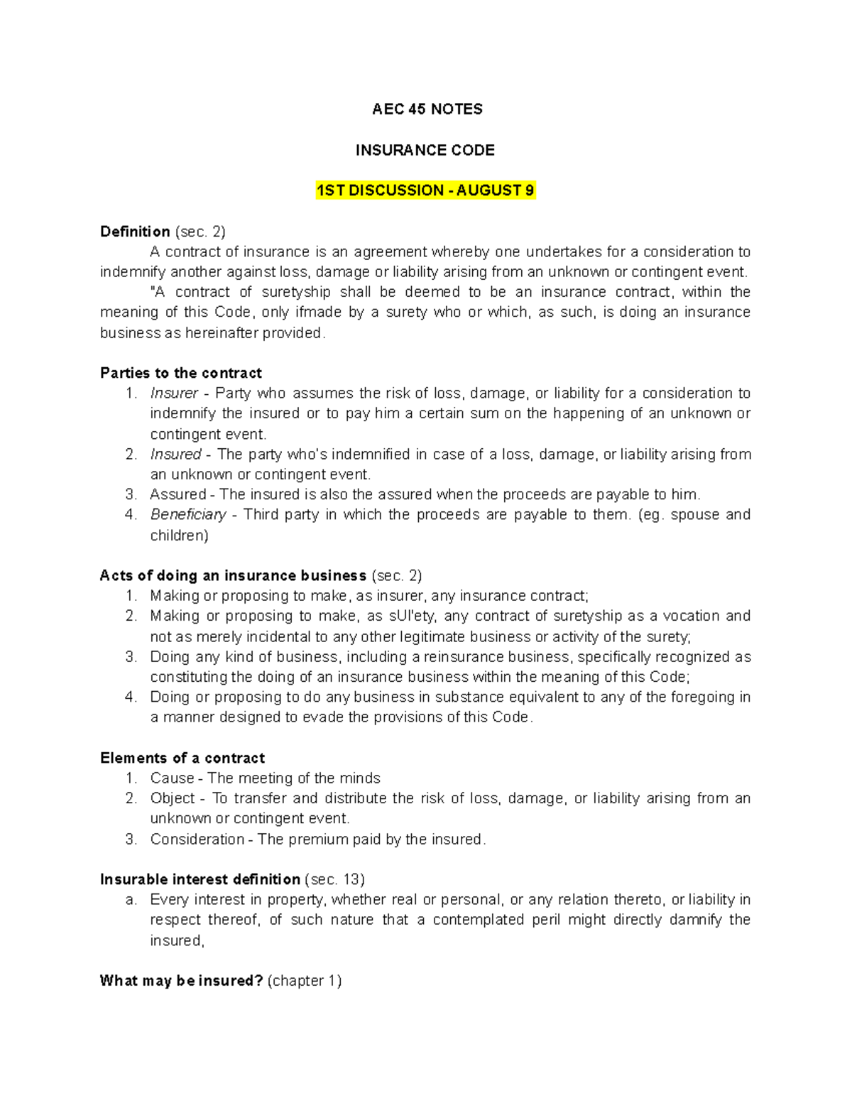 AEC 45 Notes-1-3 - Insurance Code Discussion Part 1 - AEC 45 NOTES ...