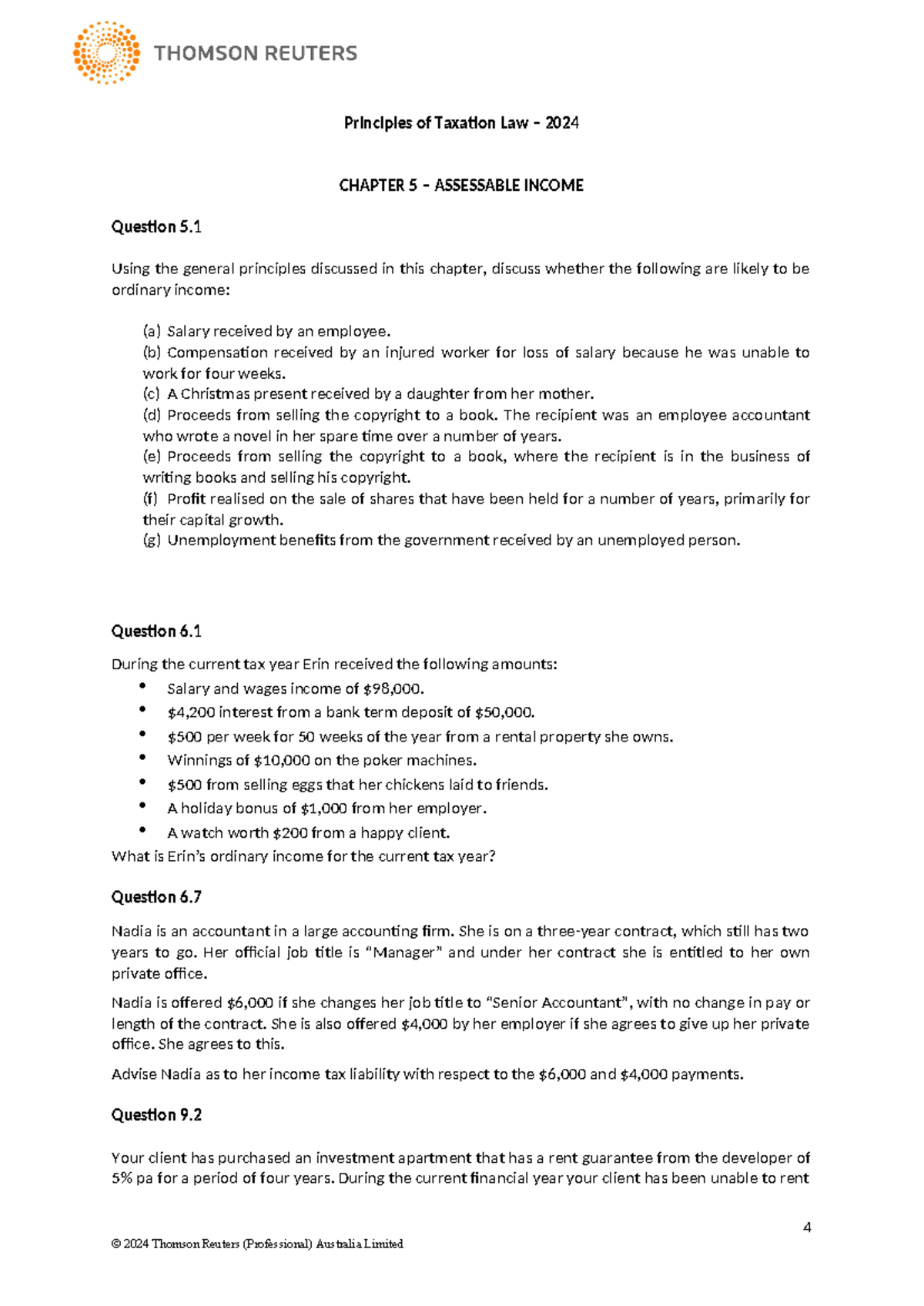 Week 3 Tutorial Questions - Principles of Taxation Law – 2024 CHAPTER 5 ...