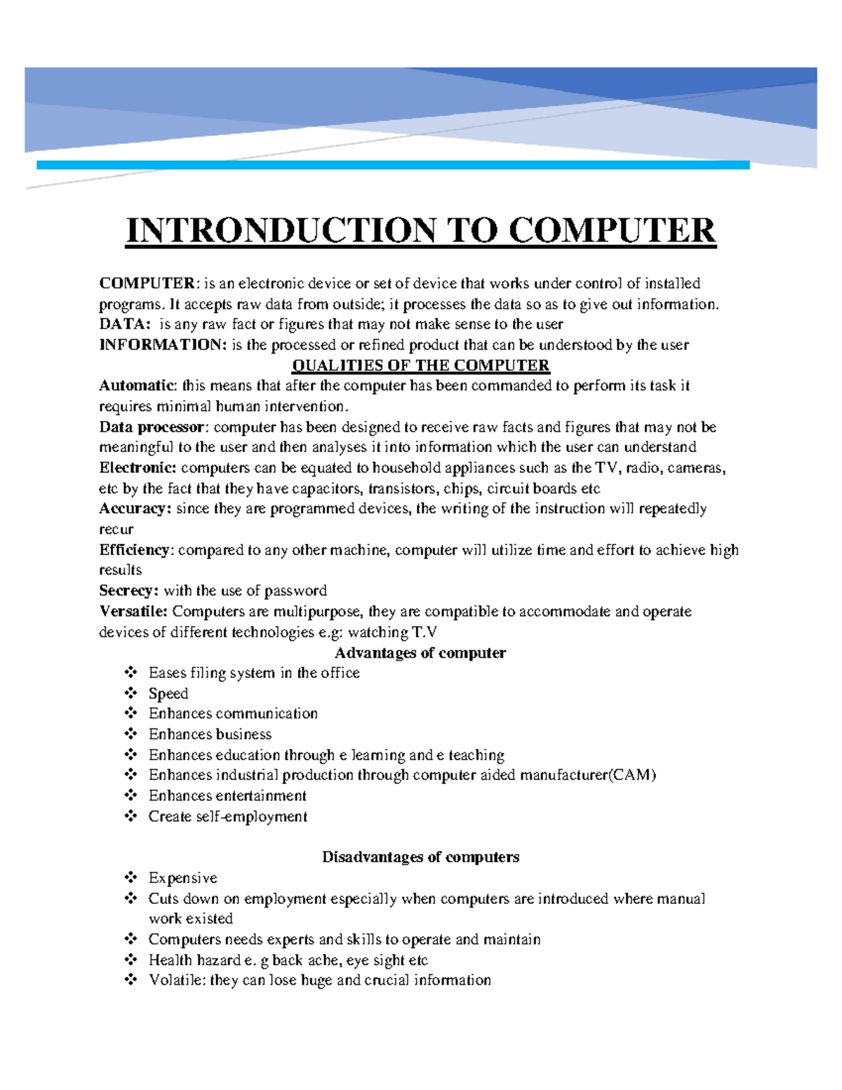 Computer packages - INTRONDUCTION TO COMPUTER COMPUTER: is an ...