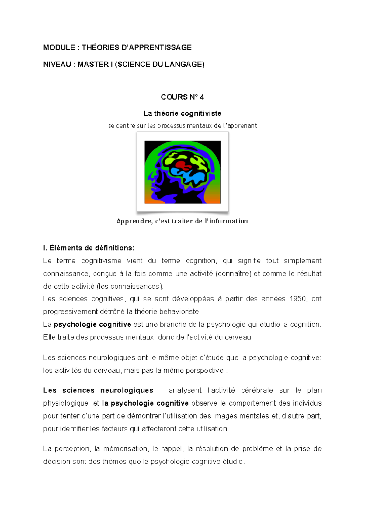 Cours 4 le cognitivisme - MODULE : THÉORIES D’APPRENTISSAGE NIVEAU ...