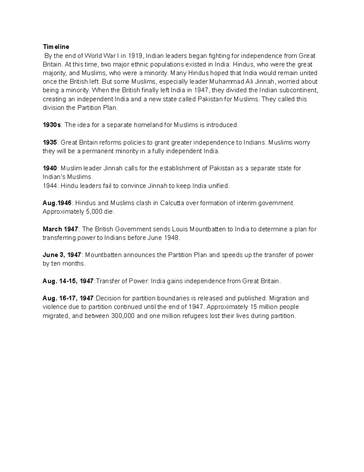 Indian Partition SHEG - Timeline By the end of World War I in 1919 ...