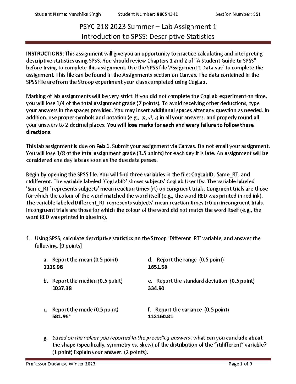Psy 218 951 Assignment 1 - PSYC 218 - UBC - Studocu