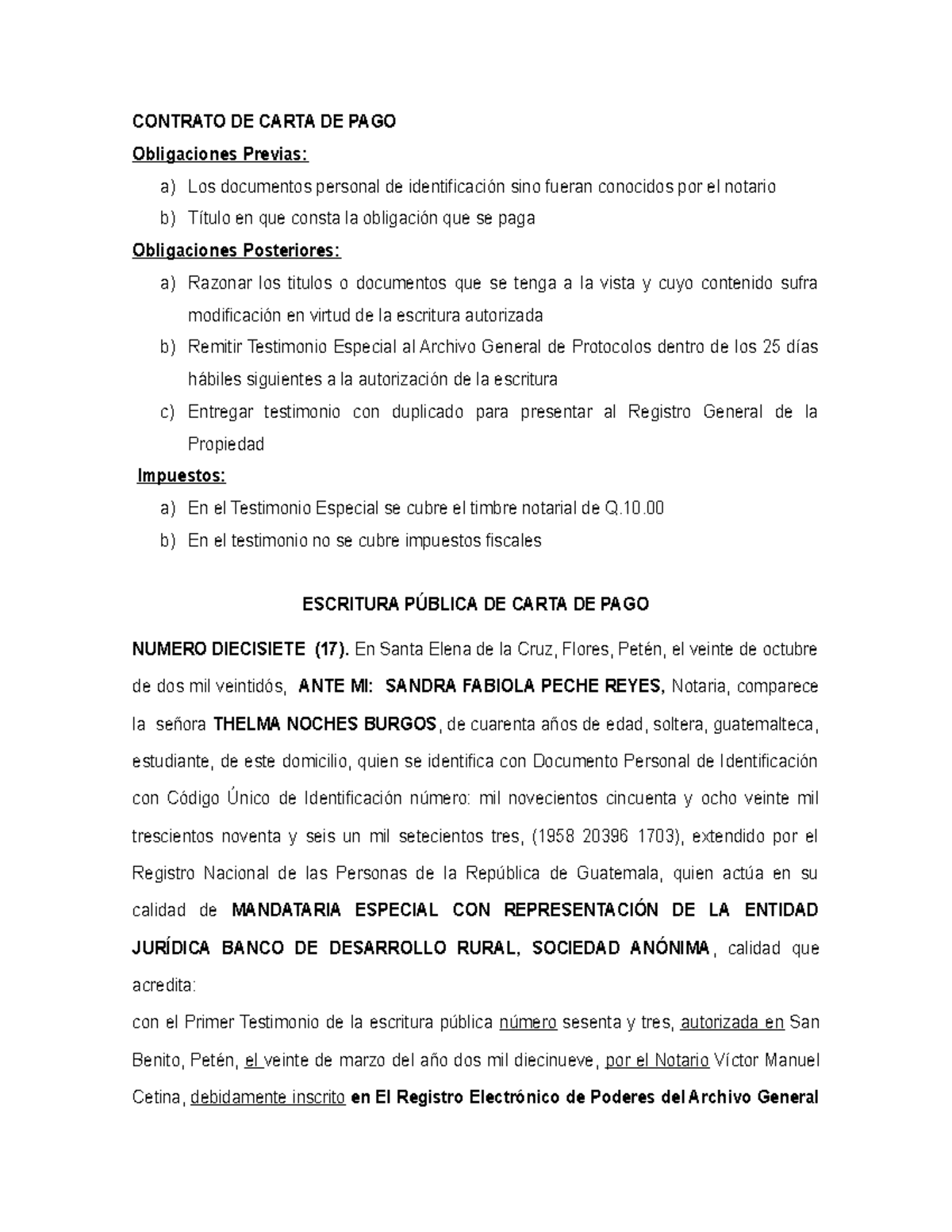 Contrato DE Carta DE PAGO - CONTRATO DE CARTA DE PAGO Obligaciones ...