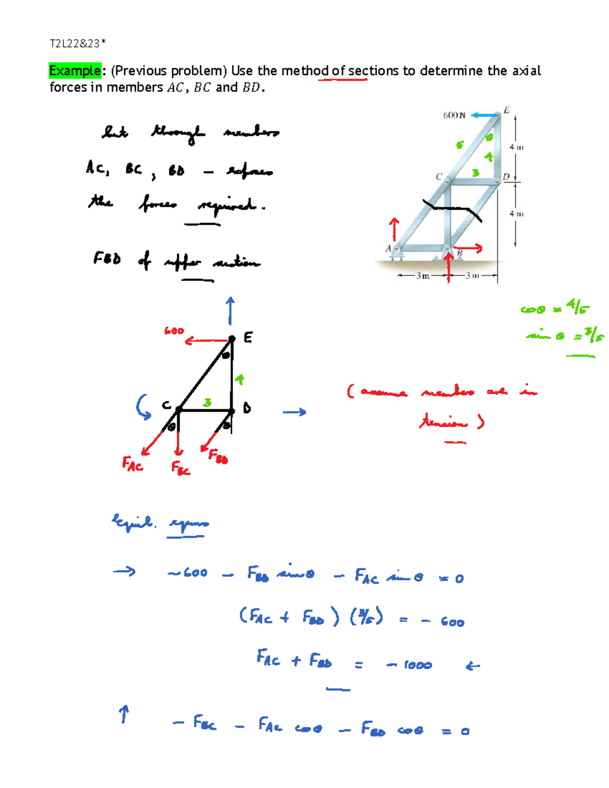 L22+23 - practice - Example: (Previous problem) Use the method of sections to determine the ...
